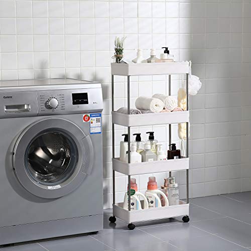 4-Tier Rolling Cart on Wheels, Mobile Slim Rolling Cart with Hooks, Multi-Functional, Suitable for Kitchen, Bathroom, Laundry Room Narrow Place, Plastic and Stainless Steel, White (16L x 8.7W x 34.5H)