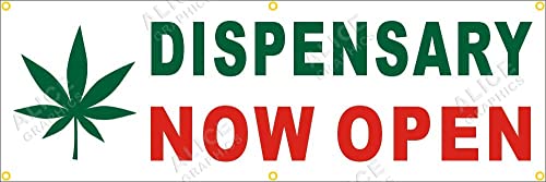 22" X 66" DISPENSARY NOW OPEN Vinyl Banner Sign (Design #1), Existing Text Change Available (Optional)