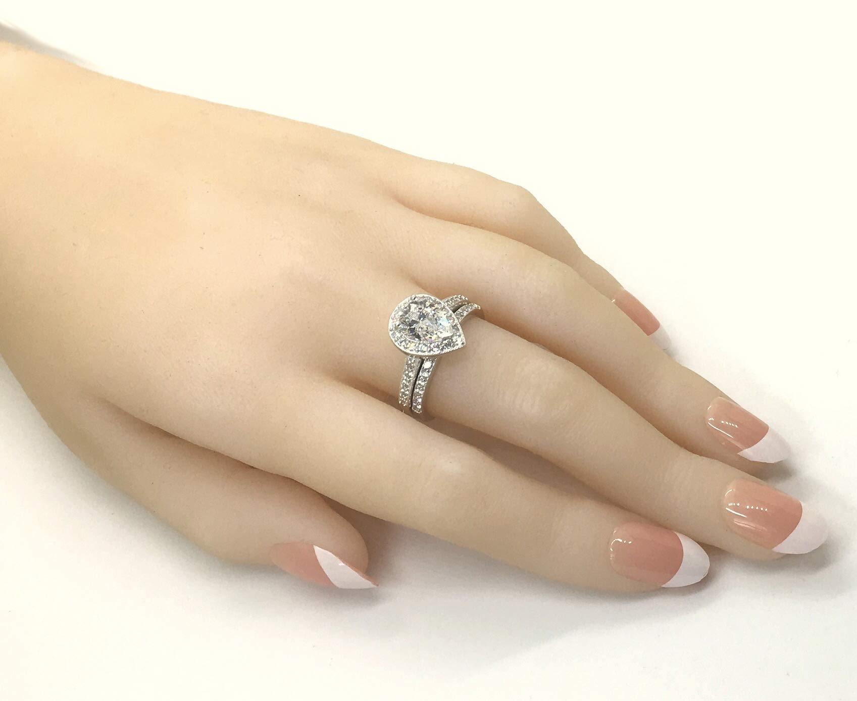 101 Facets realistic 2 carats pear shape simulated diamond ring band set 925 silver (9)