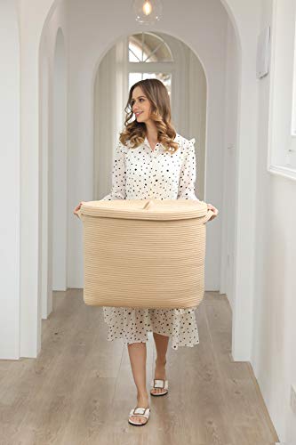22"x14"x18" Rectangular Extra Large Storage Basket with Lid, Cotton Rope Storage Baskets, Laundry Hamper, Toy Bin, for Toys Blankets Storage in Living Room, Baby Nursery, All Beige