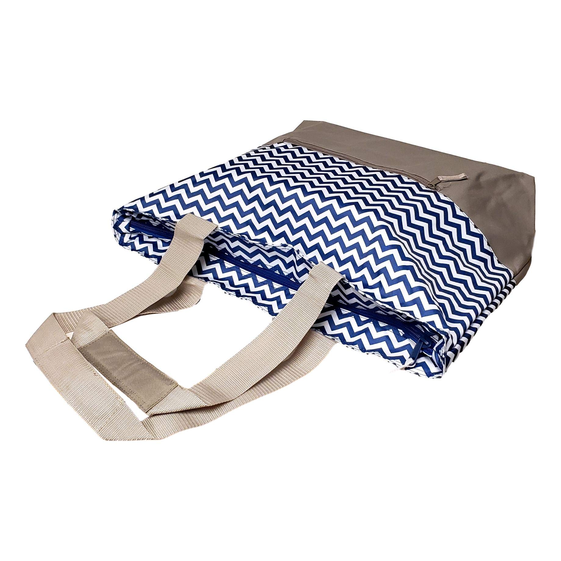 101SNORKEL XL Beach Tote Chevron Print Weekender Bag with Mesh Webbed Handles and Outer Zippered PocketCan Be Personalized (Personalized, Navy Blue)