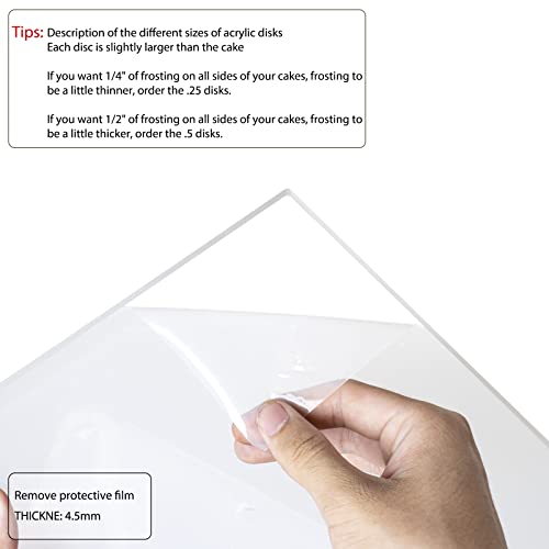 AQUIVER Acrylic Square Cake Disk Set - Cake Discs Circle Base Boards with Center Hole - 2 Comb Scrapers (4 Patterns) & 3 Dowel Rod - 6.25", 8.25", 10.25", 2 of Each Size - Supplies for 3 Tier Cakes