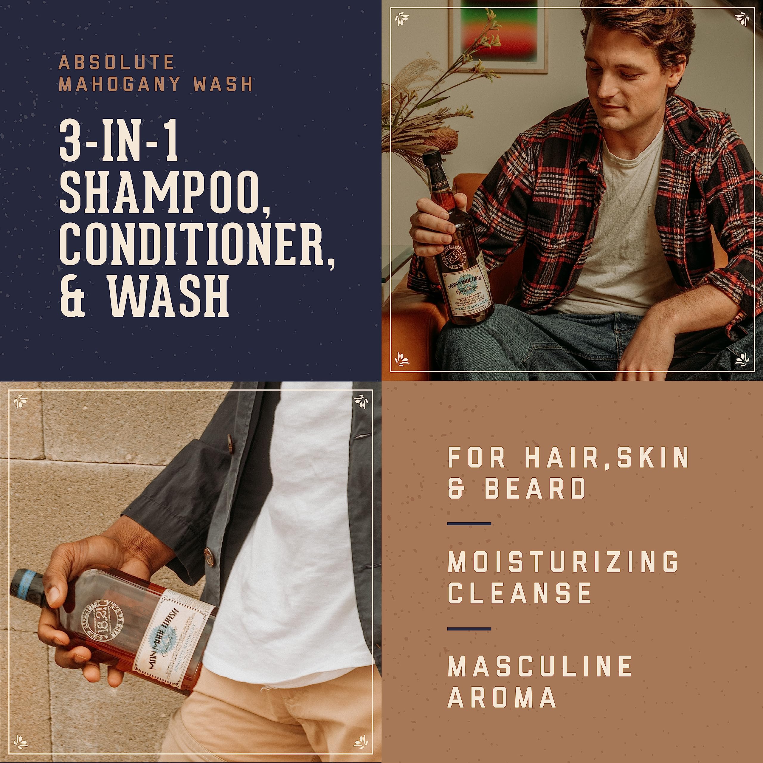 18.21 Man Made Original Absolute Mahogany 3-in-1 Body Wash, Shampoo, & Conditioner for Men, All Hair & Skin Types, Strengthens and Moisturizes in a Manly Aroma, 18 oz