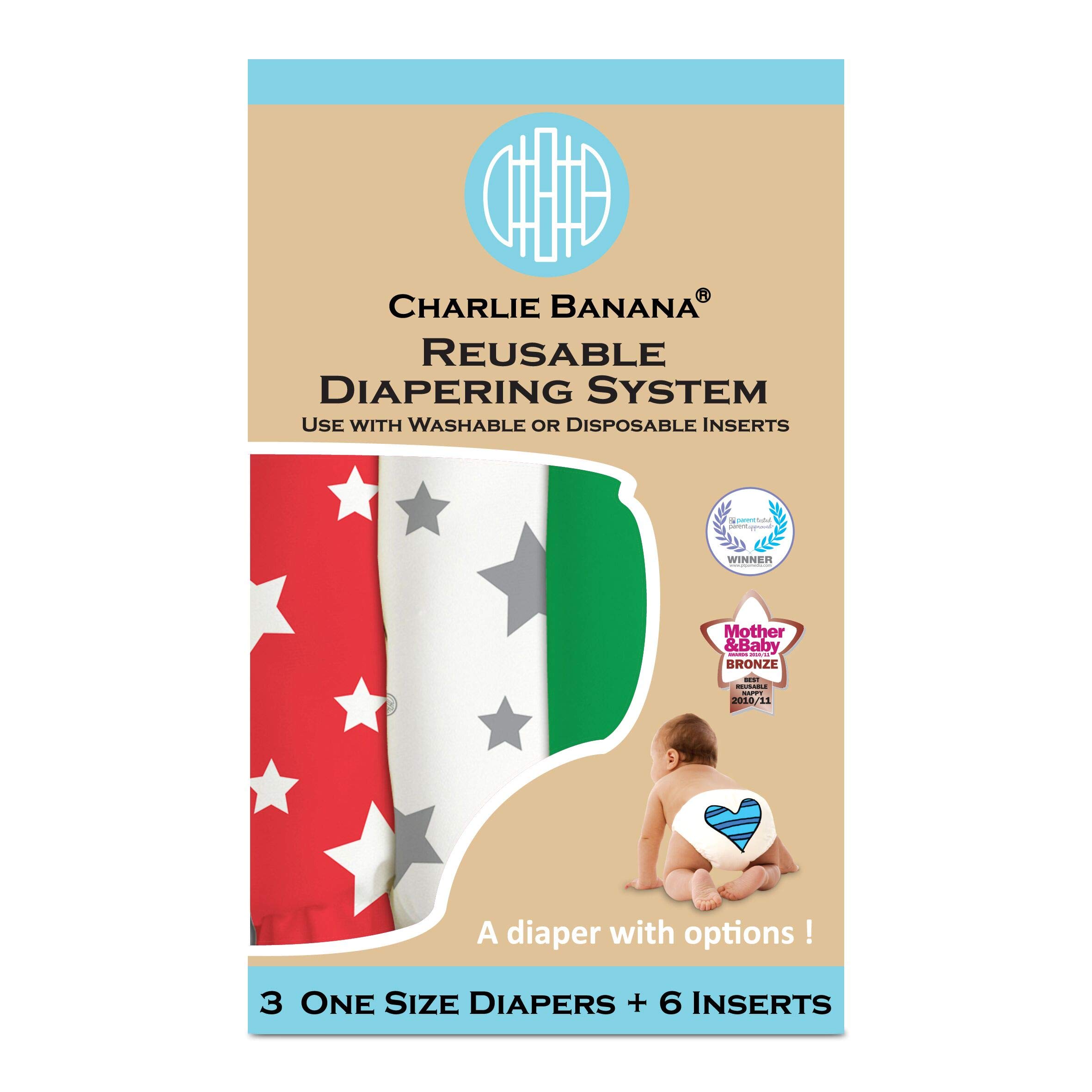 Charlie Banana Baby Washable and Reusable Cloth Diapers, 3 Soft Pocket Diapers and 6 Absorbent Inserts, One-Size, Tuscany