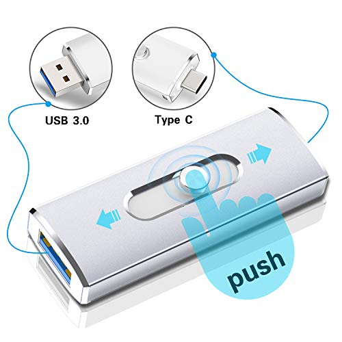 64GB Flash Drive, Aiibe Thumb Drive Memory Stick Jump Drive Pen drive 64 GB USB 3.0 Type C Retractable Capless Dual USB OTG Flash Drives for USB C Smartphones, Samsung Galaxy S8 S9, Tablet, Mac and PC