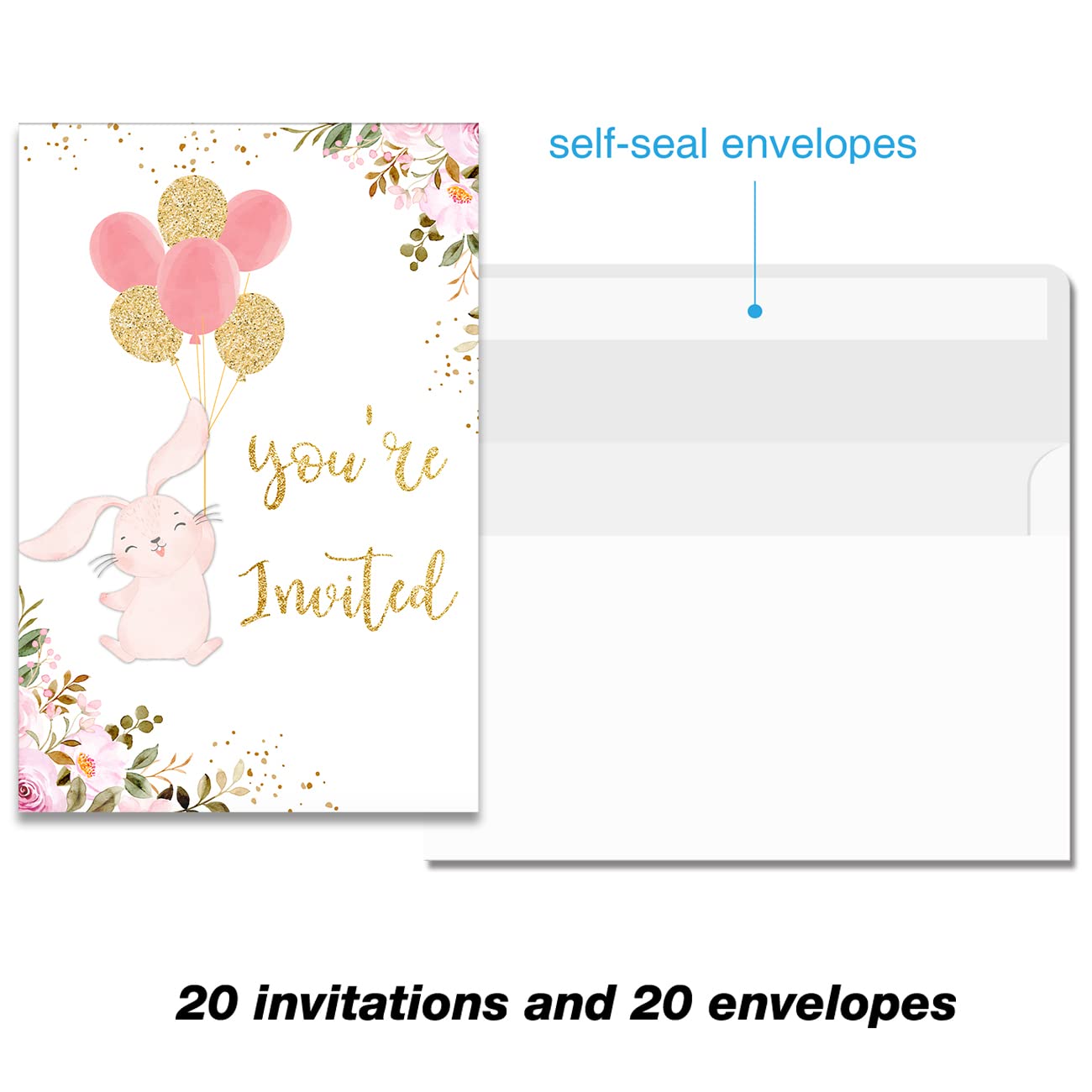 Soiceu Bunny 1st Birthday Party Invitations with Envelopes Set of 20 Pink Floral Bunny First Birthday Party Invites Fill in Blank
