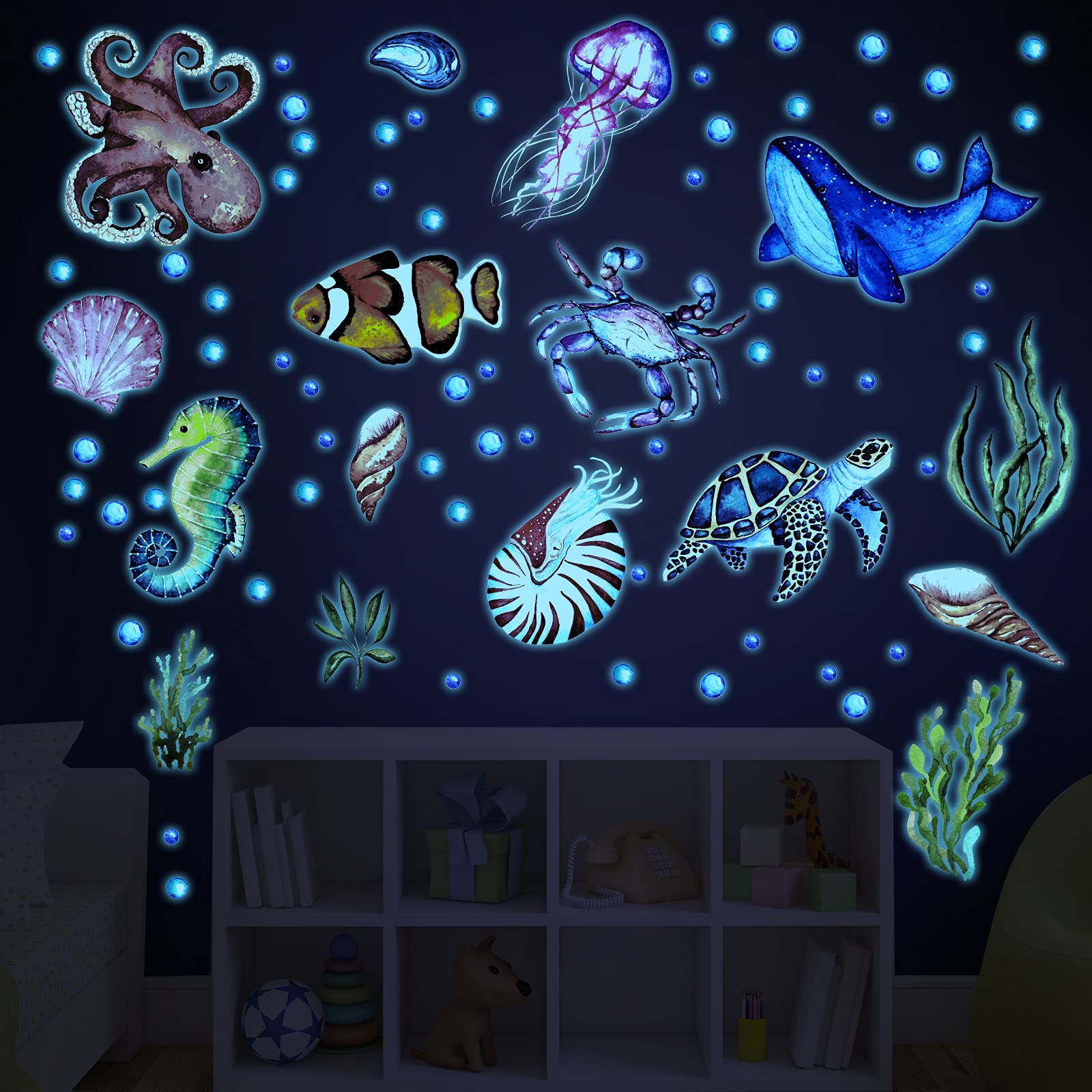 52 Pieces Glowing Wall Stickers Sea Turtle Wall Decals Ocean Creature Wall Stickers Waterproof Ocean Wall Sticker PVC Sea Animals Wall Stickers for Kids Room Living Room Nursery Bathroom Decoration