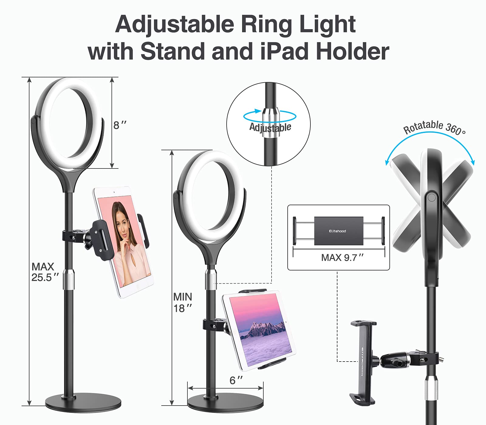 Elitehood iPad Stand with Ring Light for Online Video Conference, 3 Colors & 10 Brightness Computer Ring Light, Adjustable Desktop iPad Holder Stand for iPad Pro 12.9 11 Air Mini and 4-13’’ Tablet