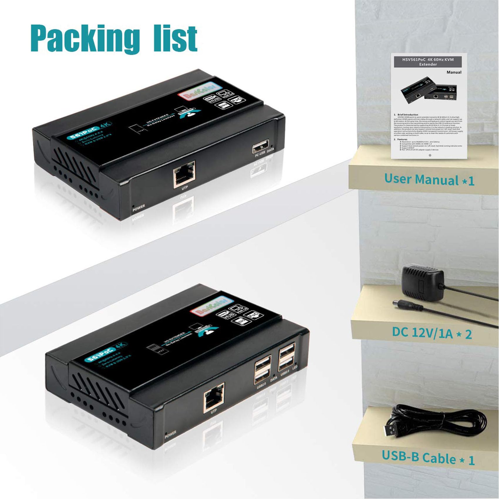 Basicolor HDMI KVM USB Extender, 4K@60Hz Ethernet Extender Over Cat5 Cat6 Up to 196Ft(60m), Video Transmit Lossless and Near Zero Latency, Plug&Play HDMI to Rj45, 4xUSB2.0