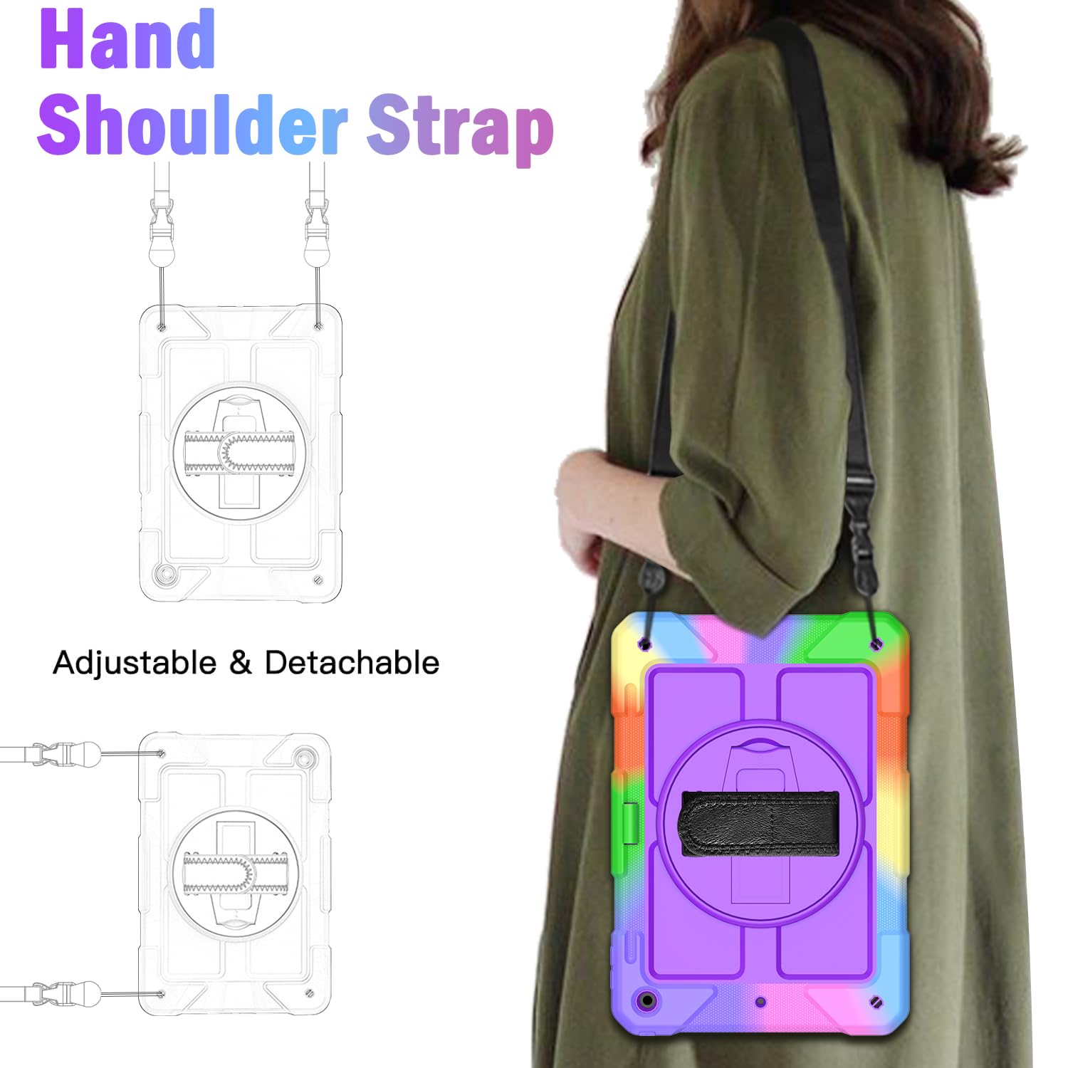 BMOUO Case for iPad 9th Generation Case, iPad 8th/7th Generation Case, iPad 10.2 Case, Shockproof Rotating Stand Hand Strap Kids Case for iPad 10.2" 2021/2020/2019 - Purple