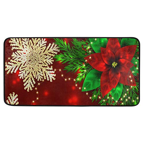 Christmas Kitchen Rug Floor Mat, Red Rug Doormat for Kitchen Bathroom Decor 39 x 20 Inch Christmas Poinsettia and Snowflakes (1)