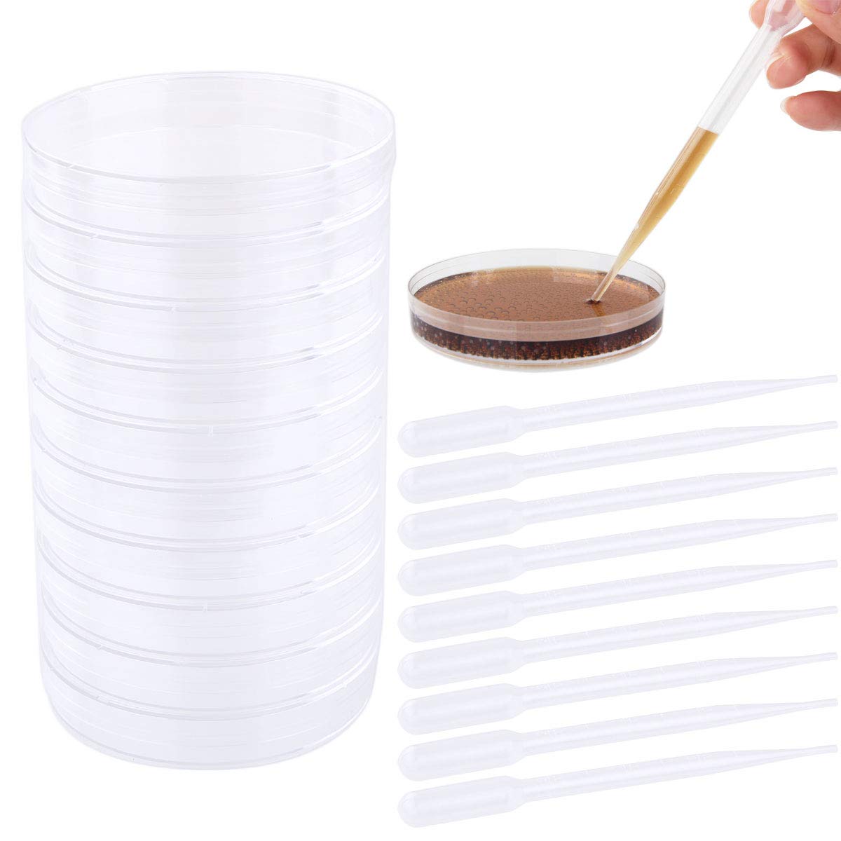 50 Pack Plastic Petri Dishes with Lid, 90mm Dia x 15mm Deep Sterile Petri Plates with 100 Pack 3 ml Plastic Transfer Pipettes, Petri Dish Set for Lab, Experiment, Biology, Microbiology Studies
