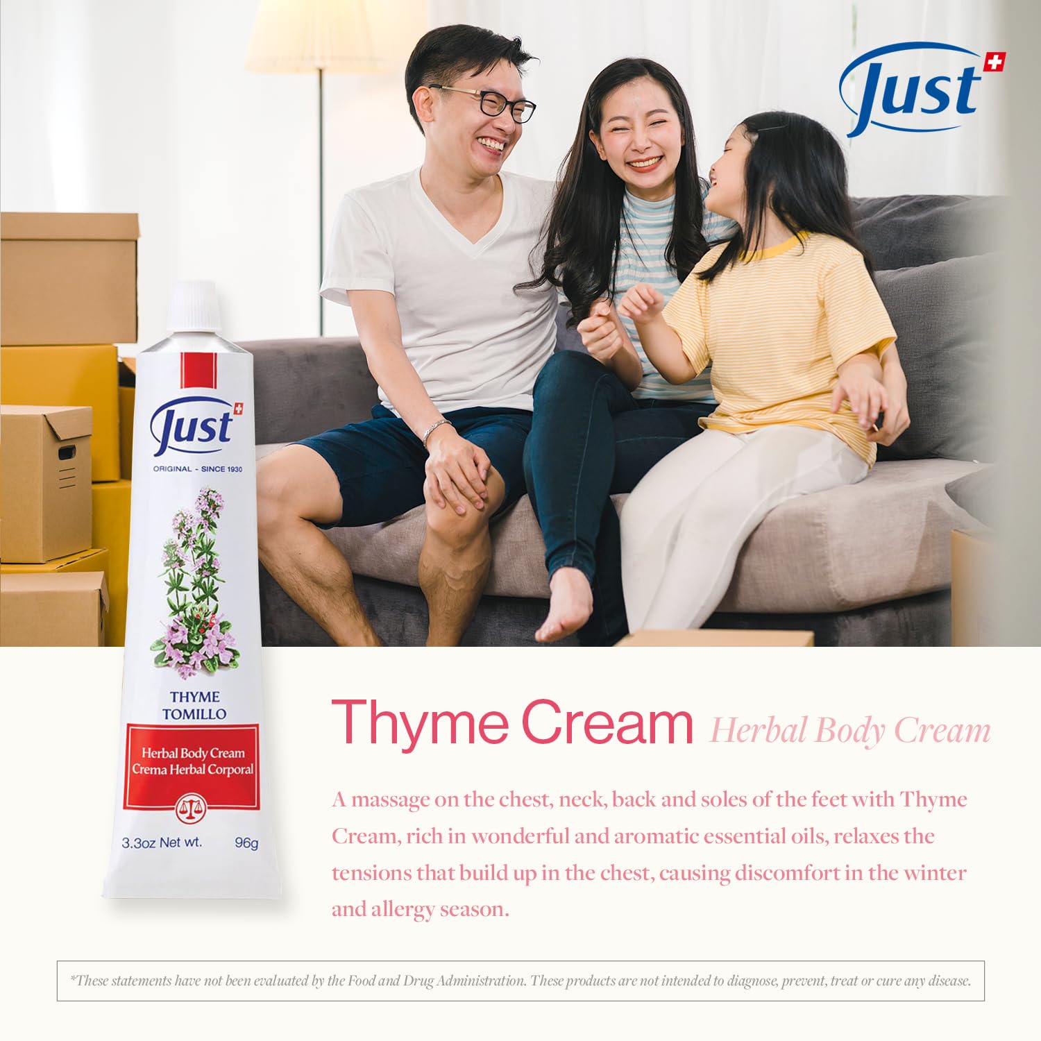 SwissJust Thyme Cream, Thyme Tomillo Cream 60ml. Massage Cream with Camphor Oil, Lemon Eucalyptus Chamomile Essential Oil, Rosemary Oil, Soybean Oil, and Pine Essential Oils.