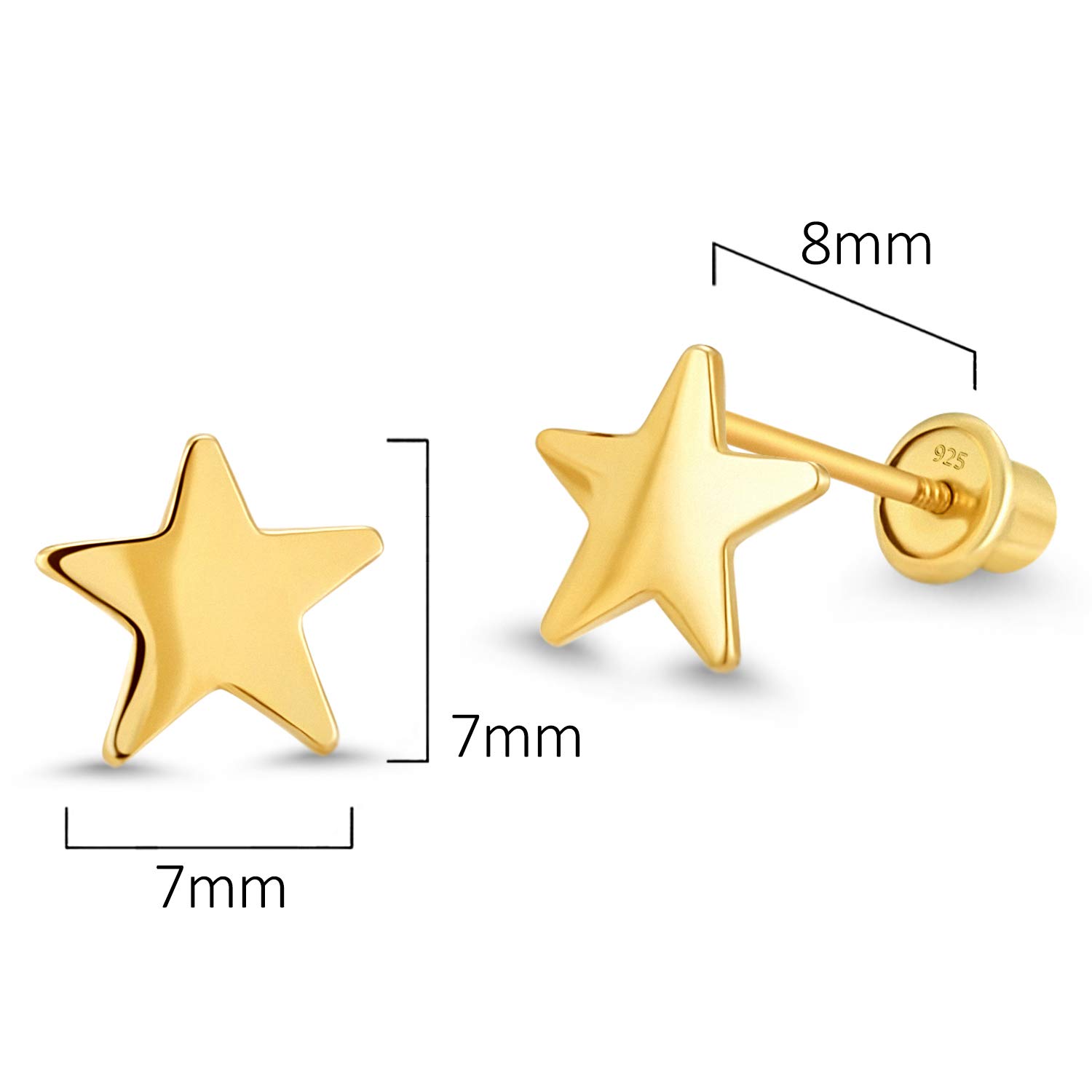 14k Gold Plated Brass Plain Star Screwback Baby Girls Earrings with Sterling Silver Post