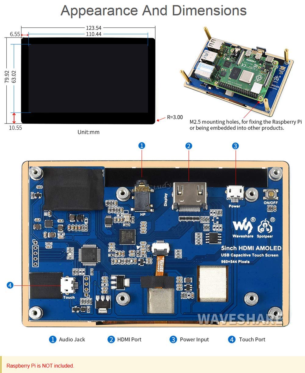 5inch HDMI Capacitive Touch AMOLED Display Monitor with Toughened Glass Cover Screen Resolution 960×544 Supports PC Raspberry Pi 4 3 Model B B+ Zero Jetson Nano @XYGStudy