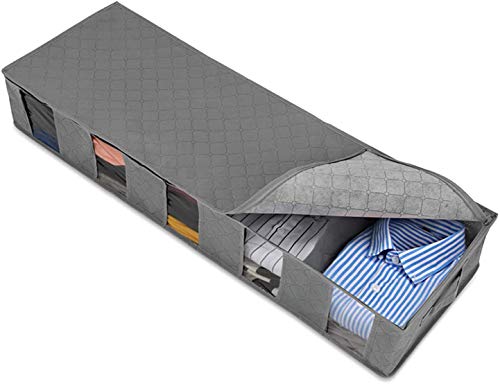 Apstour Under Bed Clothes Organizer Large Adjustable Dividers Storage Bag with Durable Fabric, Reinforced Handle, 4 Clear Window for Clothing, Shoes, Blankets, Sweaters, Toys (grey, 2)