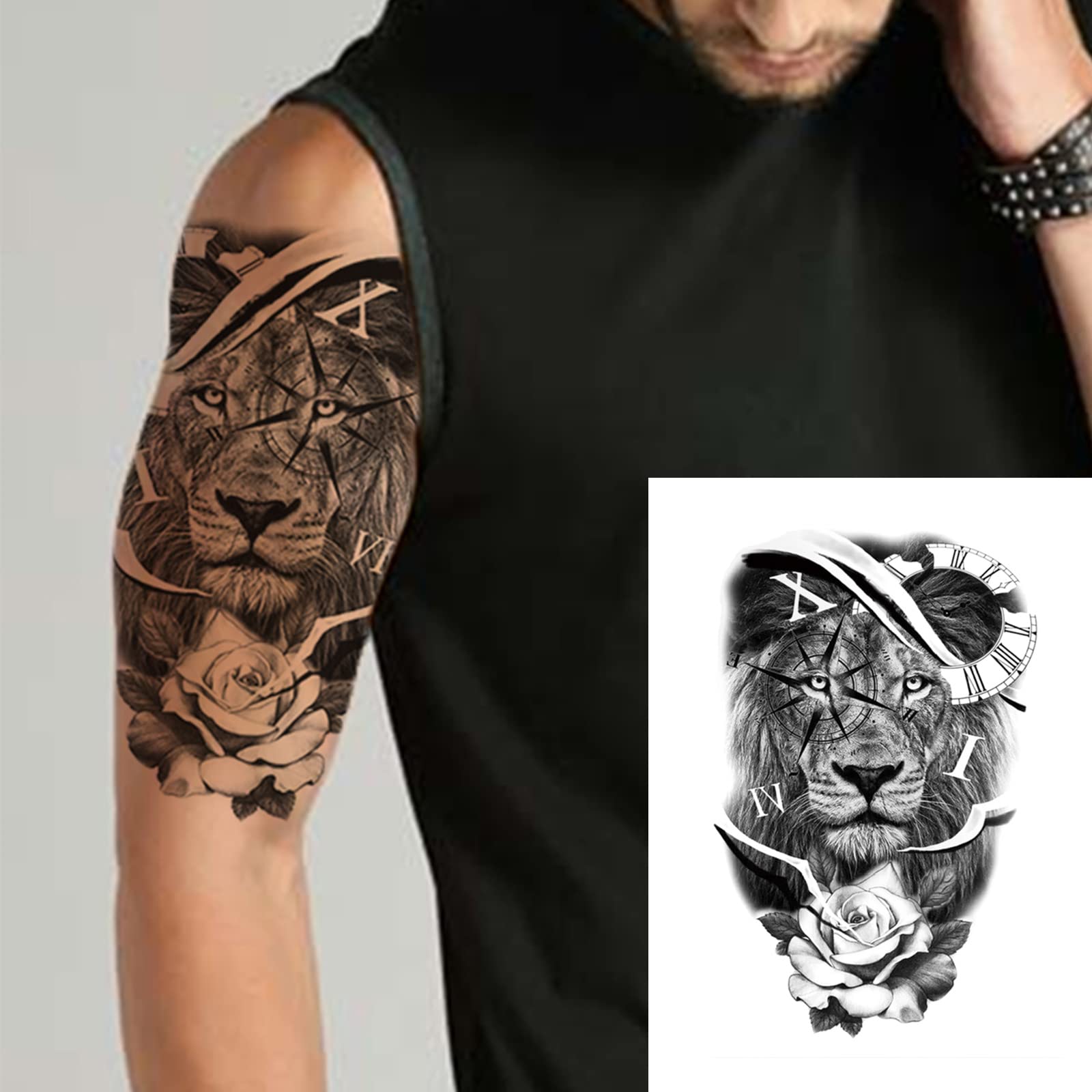 30Pcs Lion Wolf Tiger Animal Half Arm Sleeve Temporary Tattoo Sticker For Men(8.3x5.9 inch)