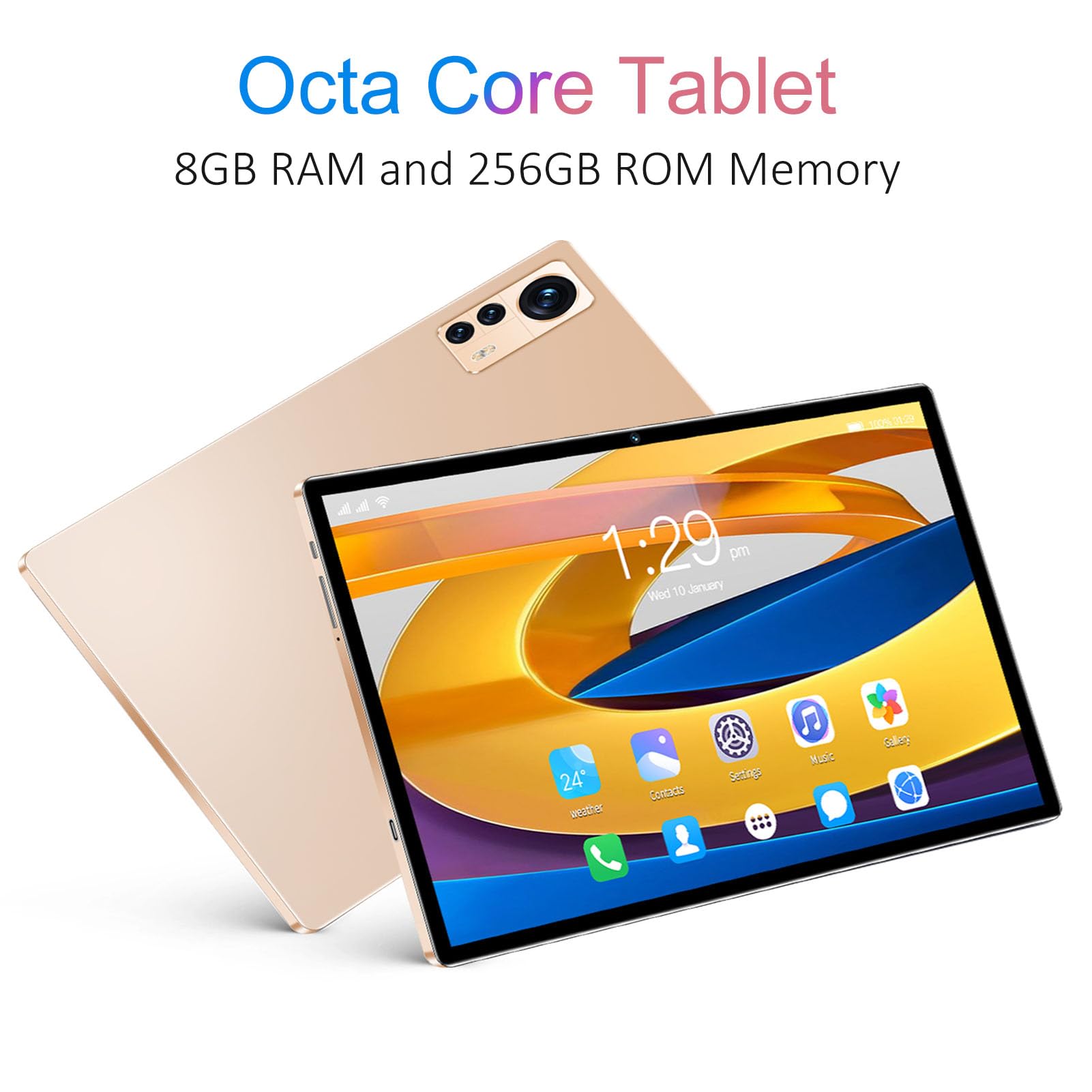 10.1 Inch Android 12 Tablet, 2 in 1 Tablets with Keyboard, Octa Core CPU, 8GB RAM 256GB ROM, FHD Touch Screen, 16MP Dual Camera, Dual Speakers, 5G WiFi, BT5.0, 7000mAh Battery (Gold)