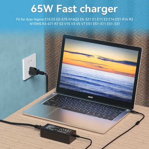 19V 3.42A 65W AC Laptop Charger for Acer Aspire 5 E15 E1 F15 ES1 E5-574 E5-575 E5-575-33BM A515-43-R19L Aspire 7560 5517 5253 5750 5250 5349 5552 5733 5532 Adapter Supply Cord