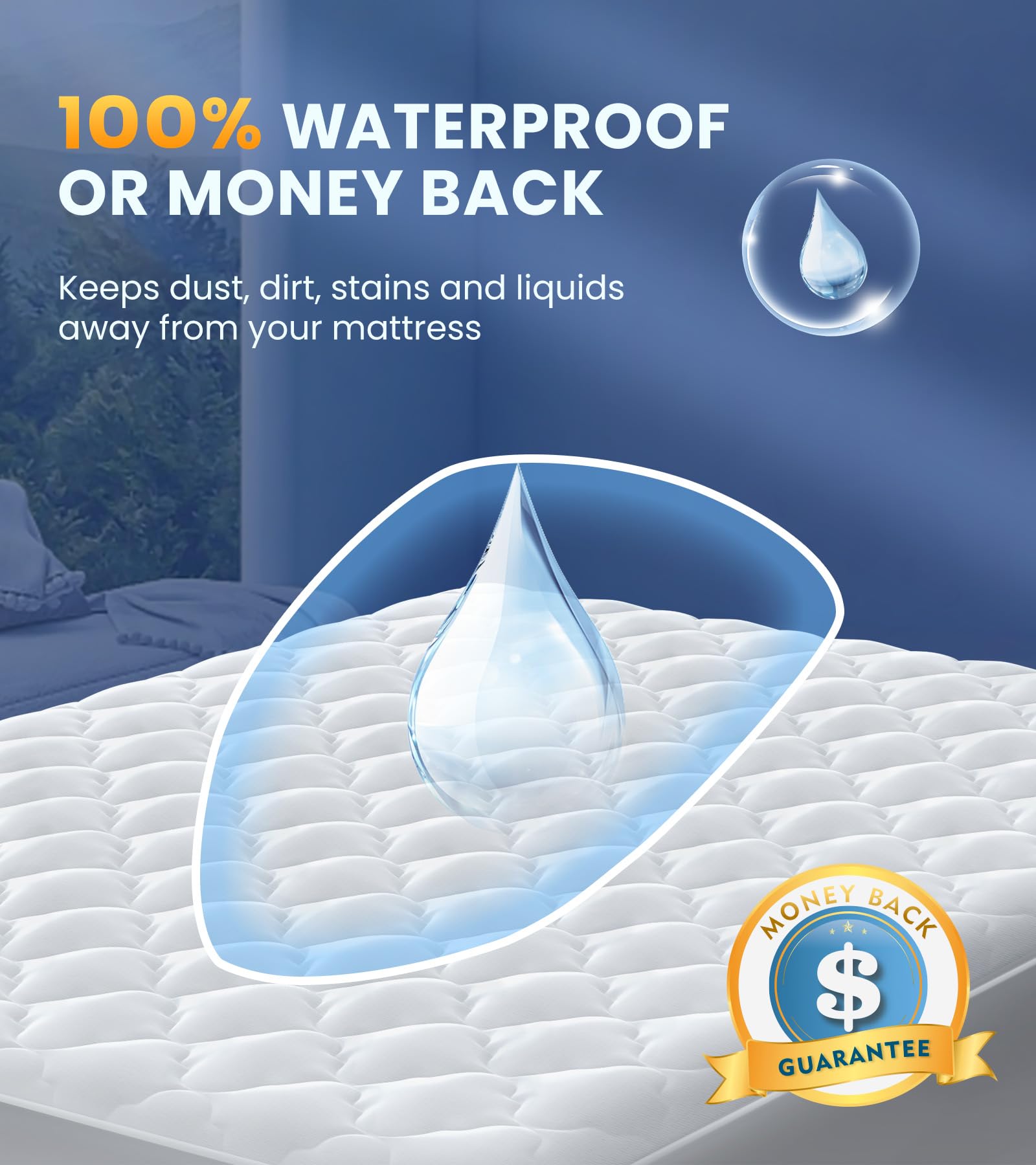 100% Waterproof King Mattress Protector with 1.5X Thicker Filler, 3D Quilted Machine Washable Mattress Pad, Quiet Fitted Breathable Soft Hypoallergenic Mattress Cover Vinyl-Free, 8-21'' Deep Pocket