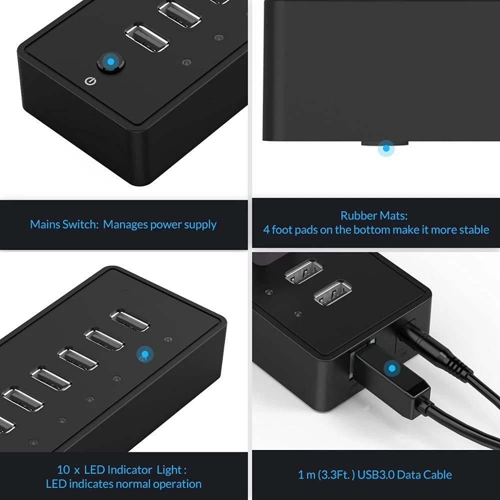 SHYPT USB HUB 10 Port ABS USB2.0 HUB with 12V Power Adapter High Speed USB Splitter for PC Computer Accessories 1M Data Cable