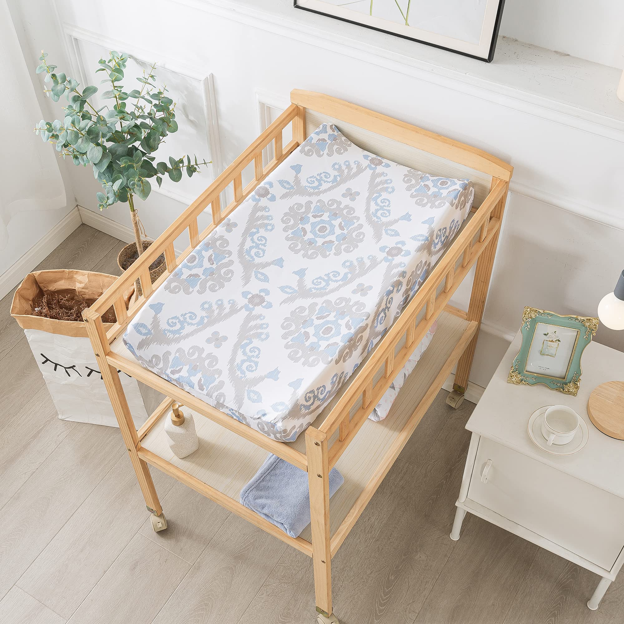 3-Piece Blue and Gray Crib Bedding Set for Girls and Boys. Standard Size Set Inlcudes Comforter, Neutral Crib Fitted Sheet, and Changing Pad Cover. Grey and Blue Damask Pattern