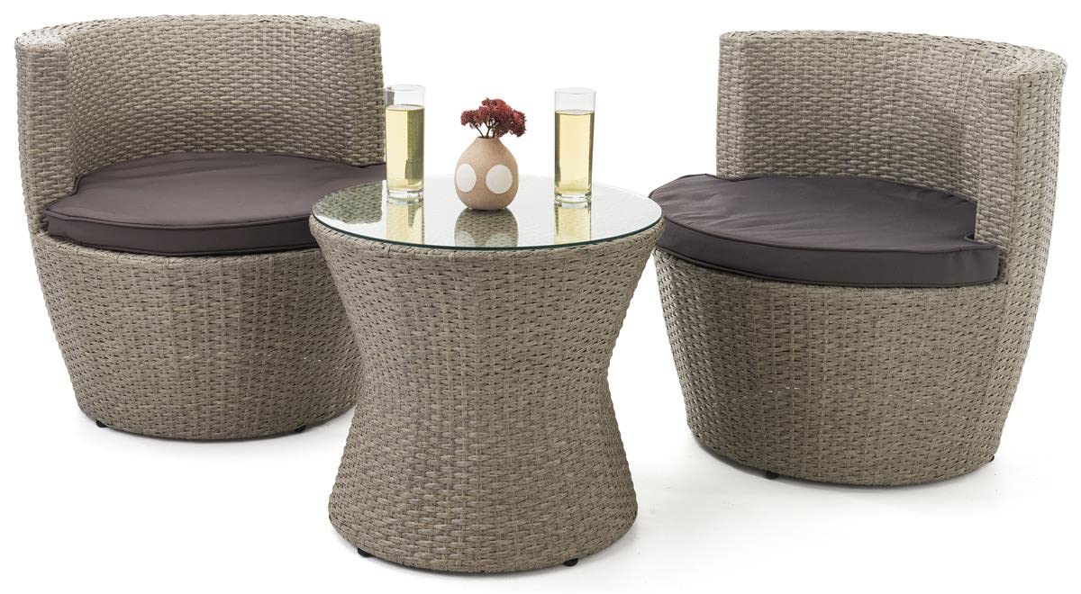 Displays2go Synthetic Wicker Outdoor Furniture Set, Three Piece, Weather-Resistant, Stackable - Taupe (FDOUTDOOR1)