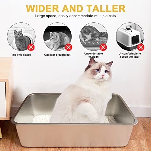 3 Pack Stainless Steel Cat Litter Box, Rust Proof Large Metal Cat Box with High Sides Nonstick Litter Pan Safe and Hard for Kitten and Bunny, Easy to Clean (15.7 x 11.8 x 5.9 Inches)