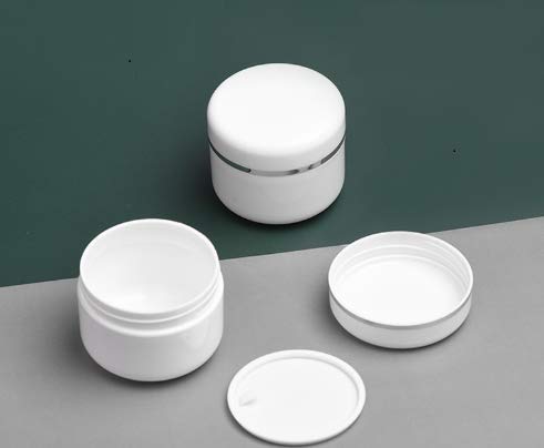 JQYXSS 4 Pieces Empty White Silver Edge Plastic Jar,Face Cream Lip Balm Lotion Storage Container for Cosmetic, Lotion, Cream