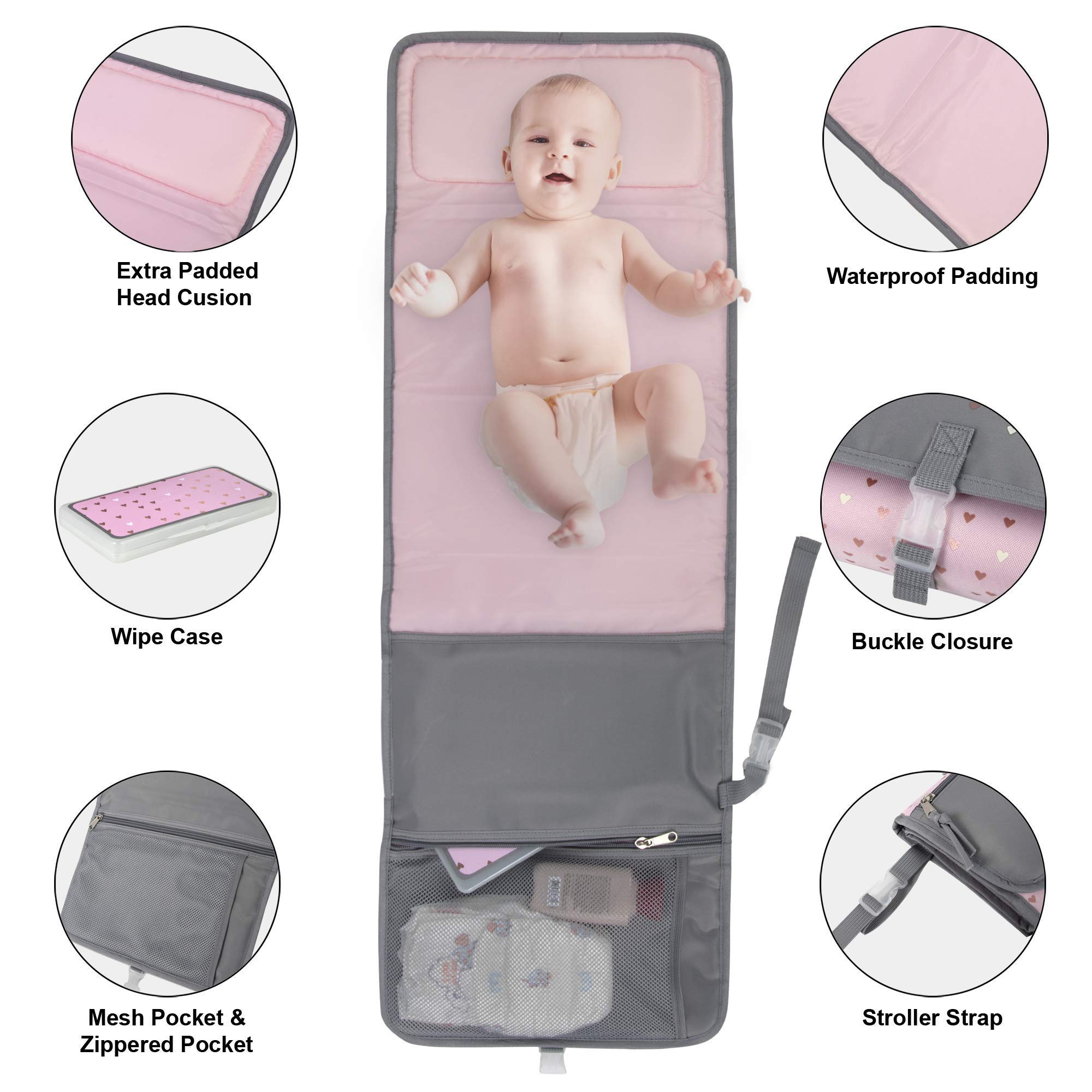 Baby Diaper Bag Tote 5 Piece Set with Pink Hearts, Saying, and Baby Portable Changing Pad, Diaper Bag, Travel Mat Station Gift Set