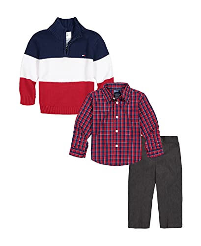 Tommy Hilfiger Boys' 3-Piece Sweater Set, Matching Button-Down Shirt, Sweater & Pants, Flag Blue Block, 24 Months