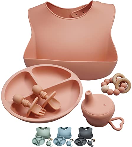 Baby Feeding Set Silicone Baby Bib Baby Plate Bowl Spoon Fork Divided Plate Baby Teether Baby Led Weaning Baby Gift Set