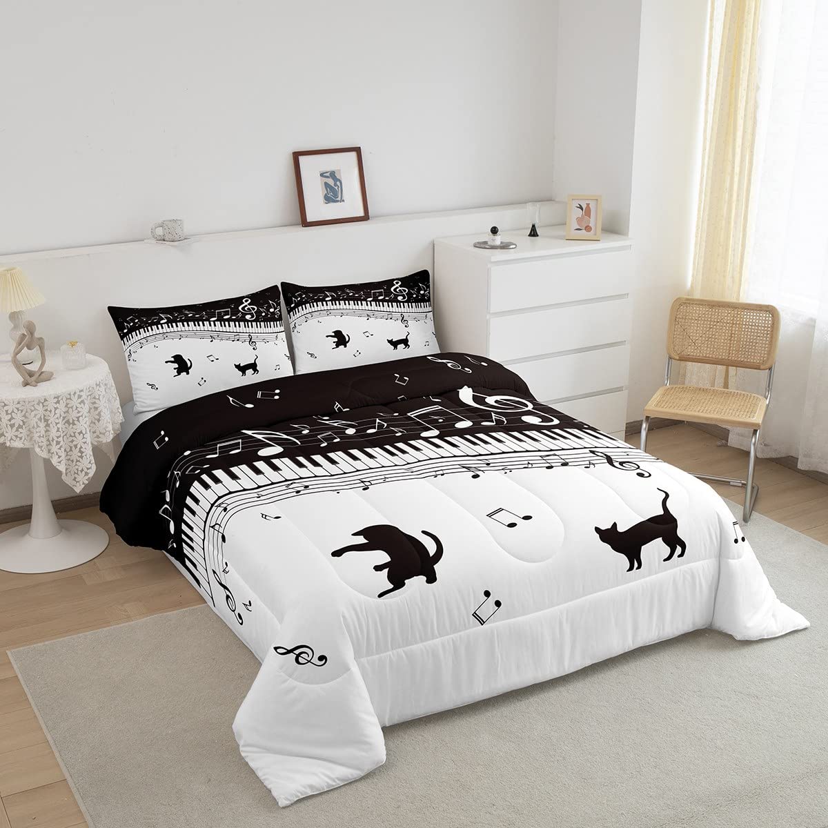 Homewish Piano Comforter Set Queen Size Black Musical Notes Bedding Set 3pcs for Kids Teens Girls Music Lover Room Decor Cat Pet Silhouette Quilt Set White Microfiber Duvet Insert,2 Pillowcases