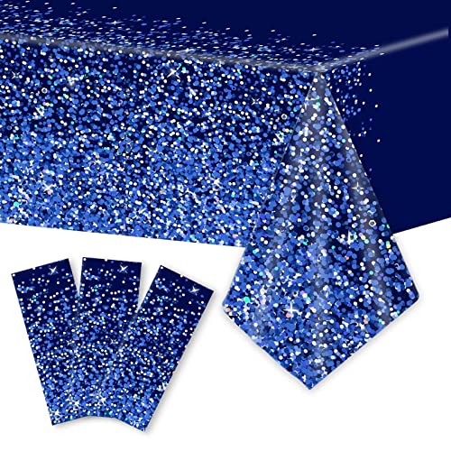 3pcs Blue and Silver Tablecloth for Rectangle Tables Sequin Dot Confetti Table Cover Sparkly Disposable Tablecloths Birthday Decorations Wedding Anniversary Indoor Outdoor Holiday Decor(Plastic)