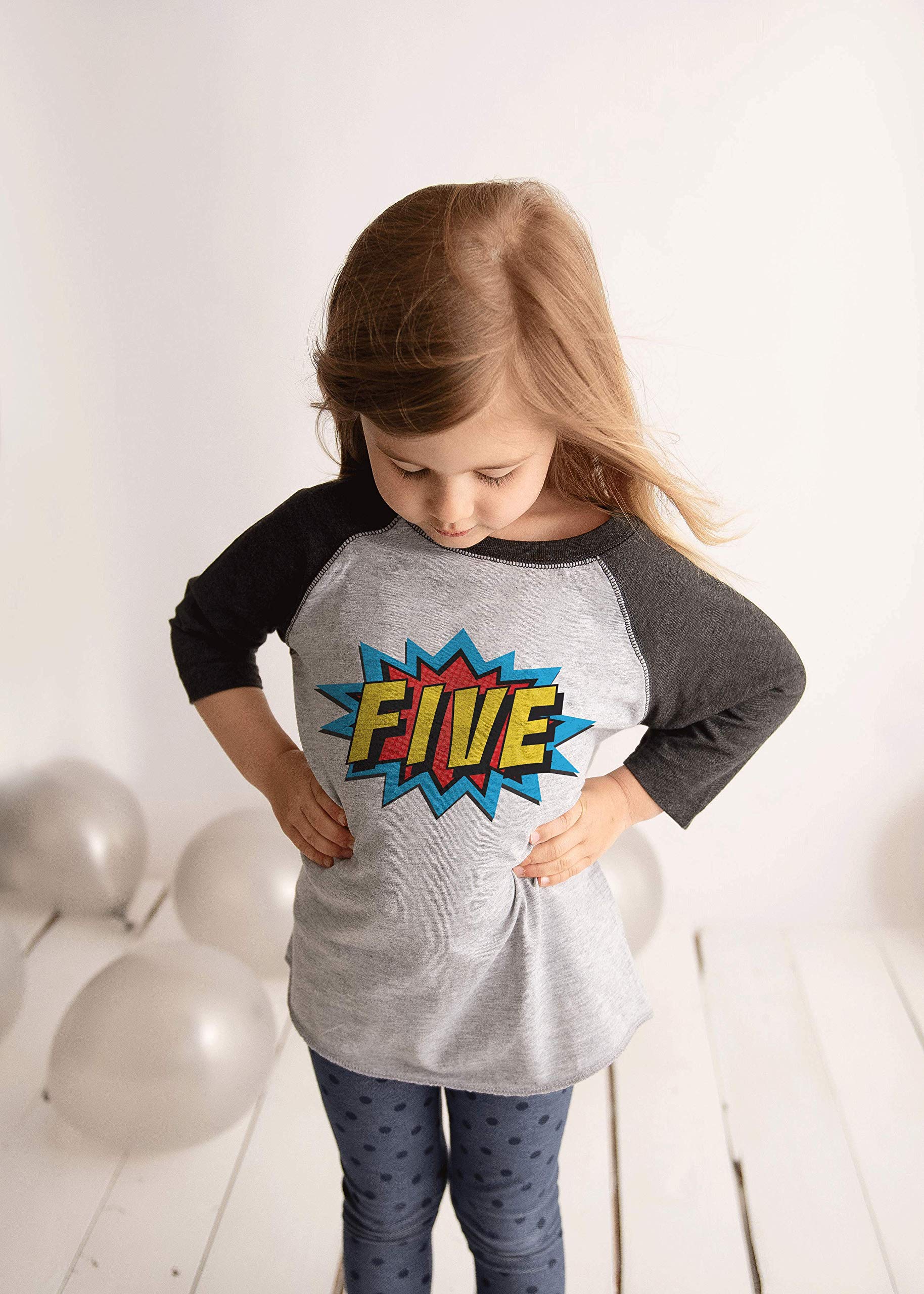 7 ate 9 Apparel Boy's Birthday Five 5 Fifth 5th Superhero Grey Raglan 5T