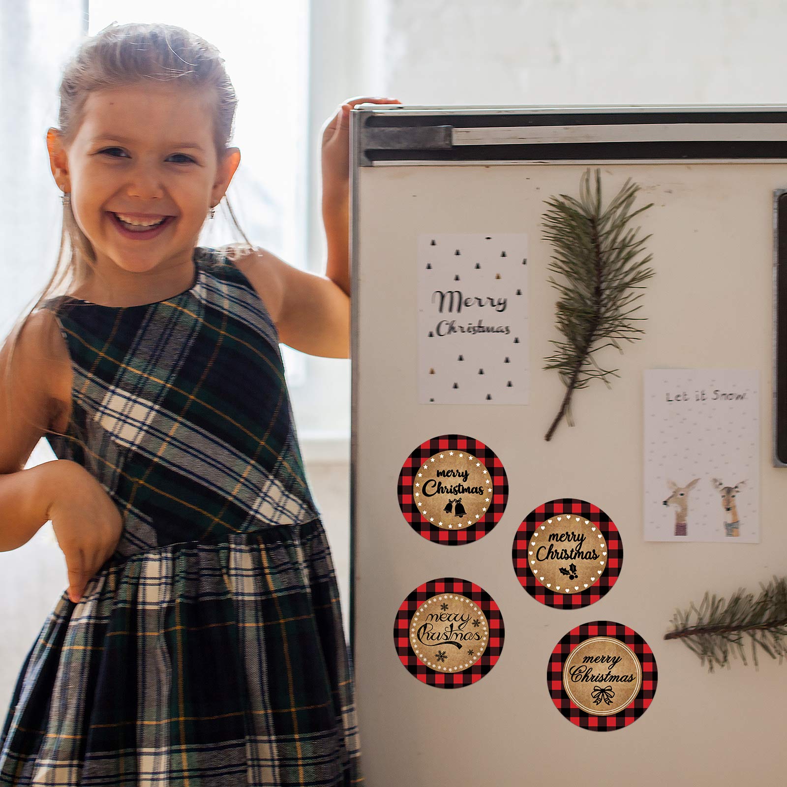 600 Pieces Merry Christmas Stickers Buffalo Plaid Kraft Stickers 2 Inch Christmas Round Labels for Decoration Present Sealing, 8 Styles (Red and Black Plaid)