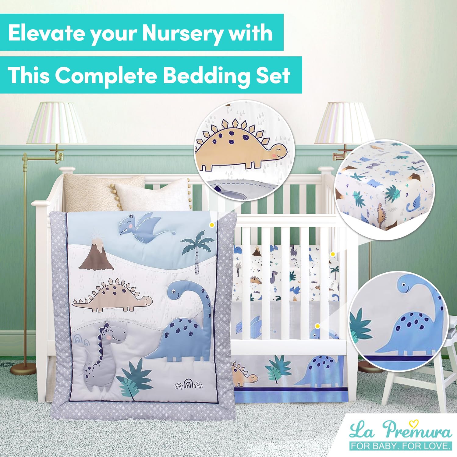 La Premura Baby Crib Bedding Set for Boys β Dinosaur 3 Piece Standard Size Nursery Crib Comforter Set, Grey/Blue - Unisex Baby Nursery Bedding and Neutral Decor