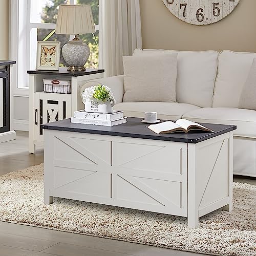 48” Modern Farmhouse Wood Coffee Table with 4 Large Storage Drawers; Decorative Rustic Living Room Coffee Table; Work from Home, Office and Living Room Storage for Books, Desk Supplies, Games, Blanket