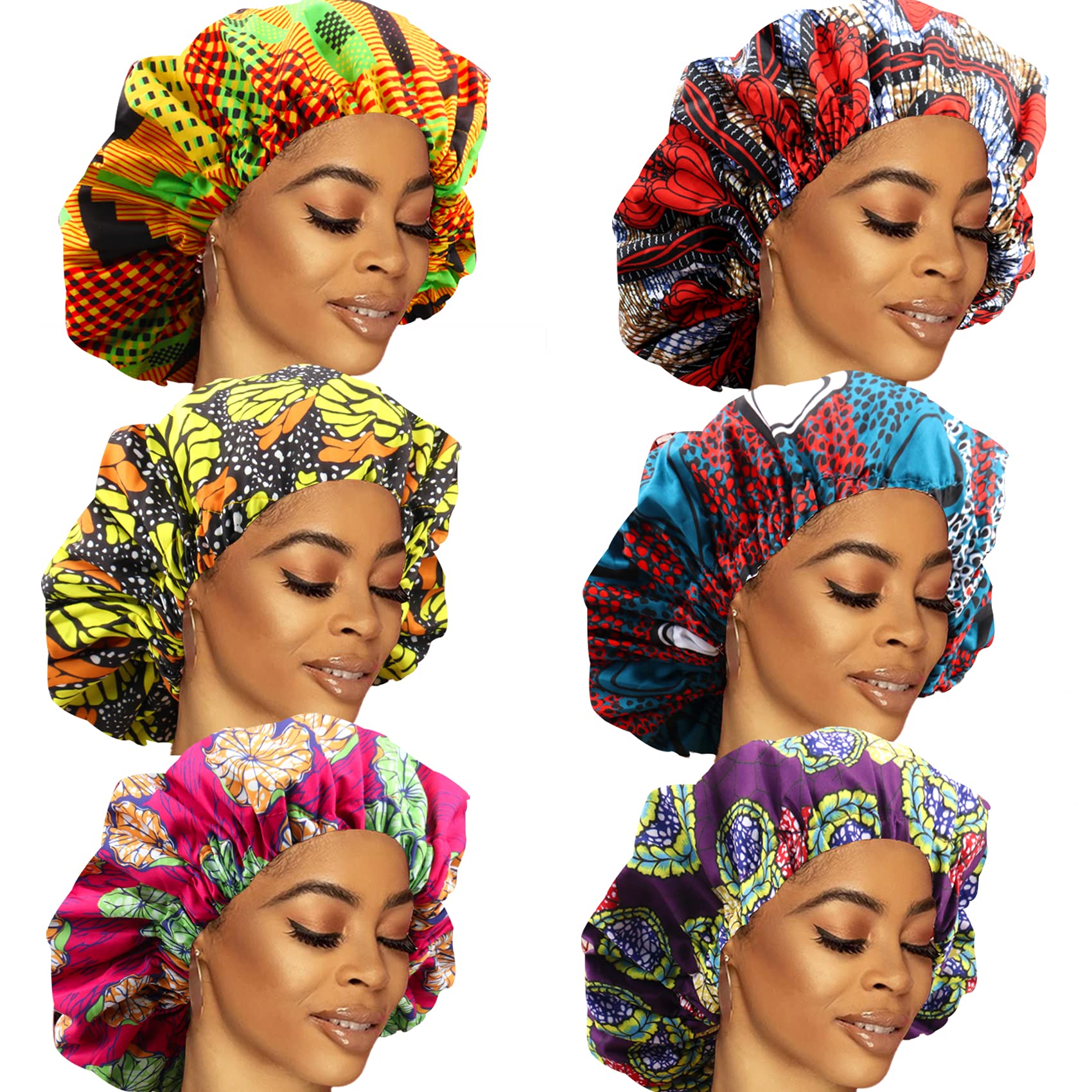 6 Packs Double Layer Satin Bonnet for Women Silk African Print Sleep Cap Head Scarf Large Head Wrap Soft Night Sleeping Hat Adjustable for Long Curly Natural Hair Braids