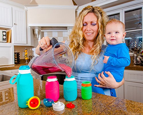 Blue 6 oz Squeasy Snacker Spill Proof Silicone Reusable Food Pouch - for Both Soft Foods and Liquids - Water, Apple Sauce, Yogurt, Smoothies, Baby Food - Dishwasher Safe