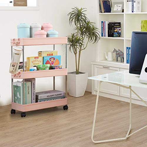 DILUOOU 3 Tier Slim Storage Cart, Mobile Shelving Unit Organizer Slide Out Rolling Storage Racks with Wheels, for Kitchen Bathroom Laundry Room Narrow Places,Pink