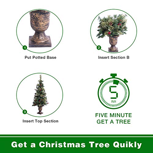 AsterOutdoor Pre-lit Christmas Tree 4ft Artificial Potted Fir with Lights Holly Berries Pine Cones Stands for Indoor Porch Table, Xmas Holiday Decoration, Easy Assembly