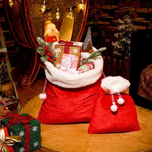 2 Pieces Christmas Velvet Bags with Drawstring in 2 Size Large Christmas Santa Gift Sack for Xmas Playing Santa Present Toy (Red, Simple Style)