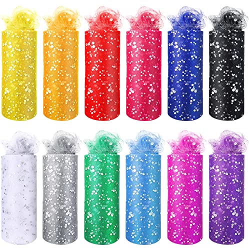 12 Pcs Rainbow Glitter Tulle Rolls 6 Inch by 10 Yards 30 Feet Tulle Rolls Netting Fabric Shiny Sequin Tulle Ribbon Craft Fabric for Tutu Skirts Sewing Birthday Wedding Baby Shower Party Decoration