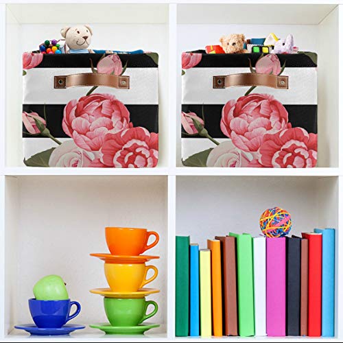 AGONA Large Foldable Storage Bin Peony Roses Black White Stripes Storage Bins Collapsible Decorative Fabric Storage Baskets with Leather Handles for Home Closet Bedroom Organizer Nursery 1 Pack