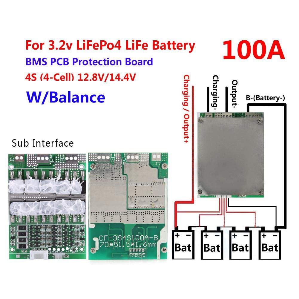 12V 100A 4S BMS Protection Board with Balancing for 18650 LiFePO4 Battery Pack
