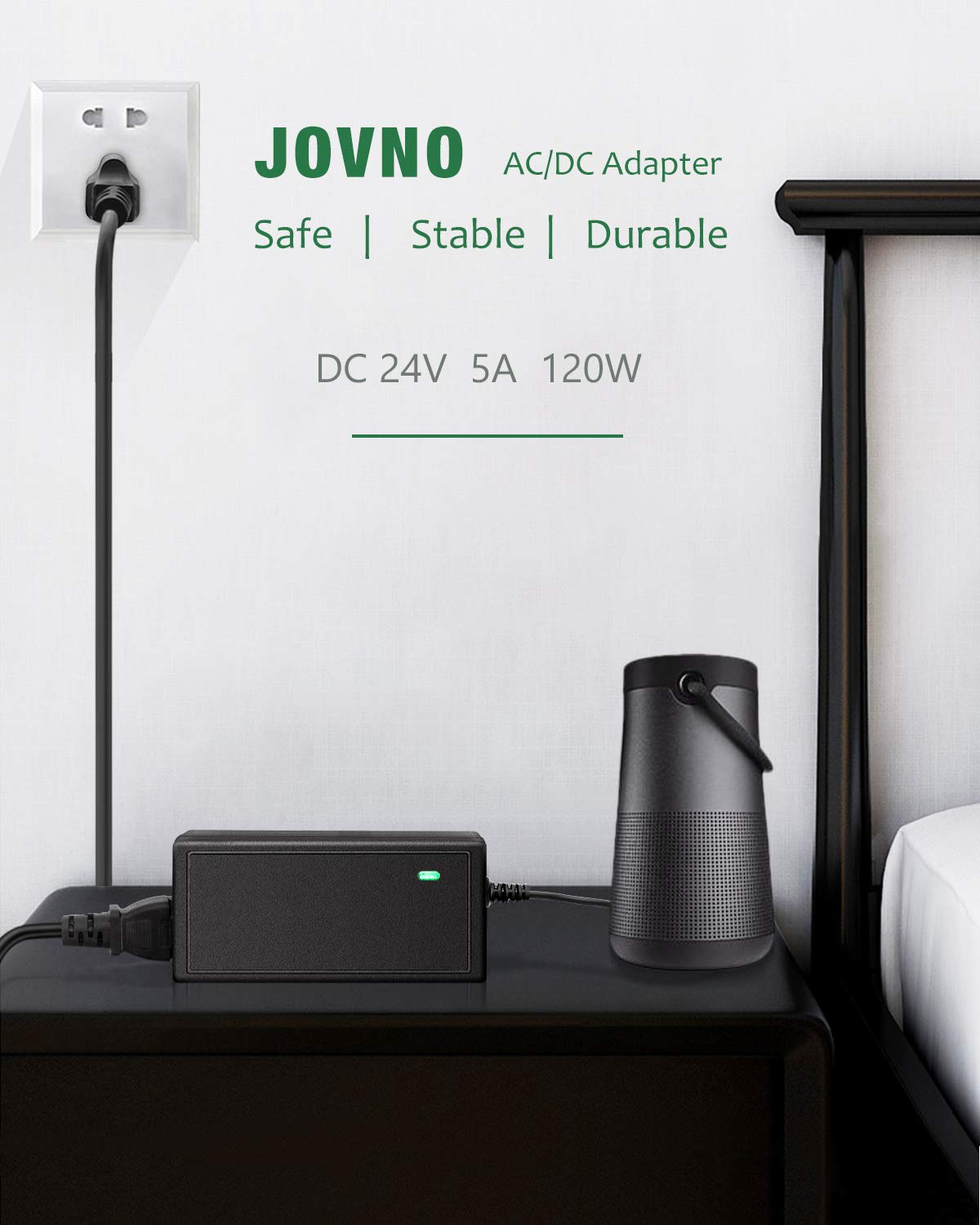 JOVNO 24V 5A Power Supply Adapter 100-240V AC to DC 24 Volt 120W 5A 4.5A 4A 3.5A Transformer Converter LED Driver with 5.5x2.5mm Plug 7.5ft Power Cord for LED Strip DC Pump CCTV Cameras LCD Monitor