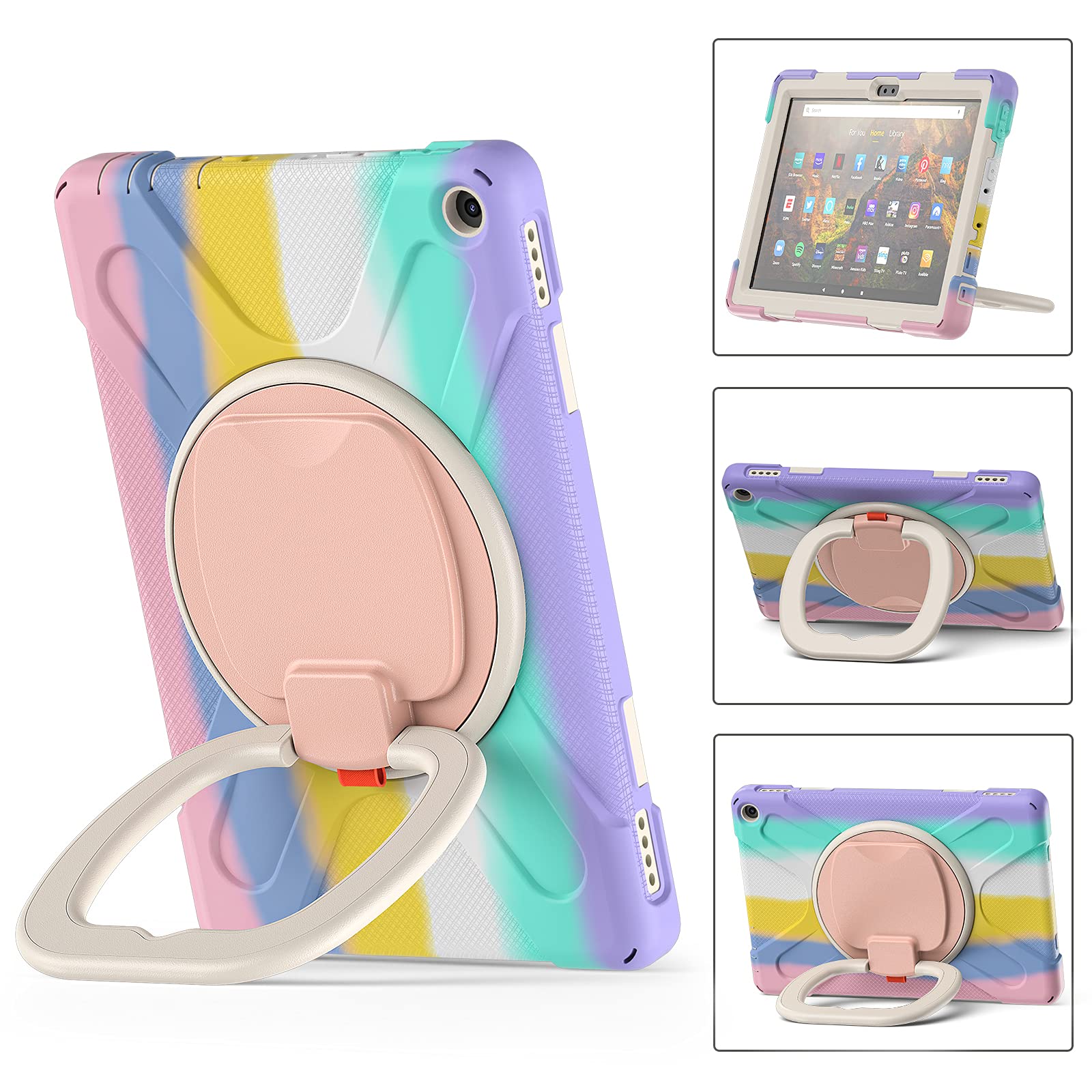 360 ° Rotation Portable Case for Fire HD 10 & 10 Plus Tablet(11th Generation, 2021 Release Rugged Case Rotating Stand Hand Strap Shoulder Carrying Strap Outdoor Cover (Colourful Pink)