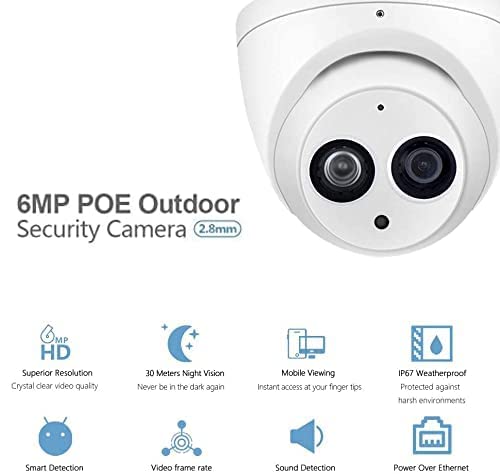 6MP Security PoE IP Camera, Outdoor UltraHD Dome Camera with Built-in Mic, 165ft IR Night Vision, Smart H-2-6-5, IP67 Weatherproof, WDR, 3D DNR(2.8mm)