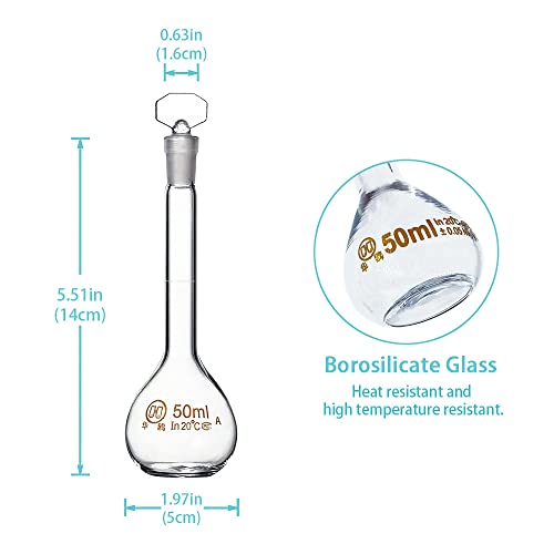 50ml Volumetric Flask with Ground Glass Stopper, Class A, 3.3 Borosilicate Glass with White Graduation, HUAOU, Pack of 2